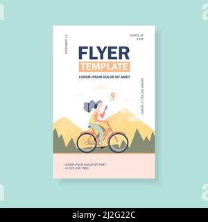 Woman riding bike by mountains. Girl cycling and consulting location ...