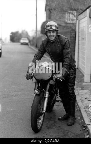 Old biker riding his 500cc Manx Norton motorcycle in 1994. British ...