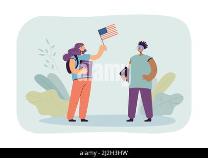 Global education student exchange cartoon background composition with ...