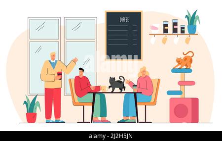 Cute cartoon couple drinking coffee in cat cafe Stock Vector Image ...