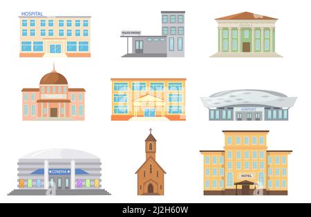 Public building cartoon set 3, church, hospital, police station, museum ...