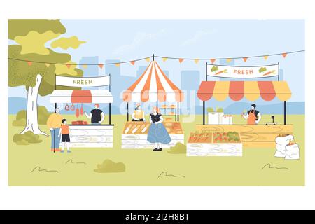 Street vendors. Farm local market food booth and stall with seller, set ...