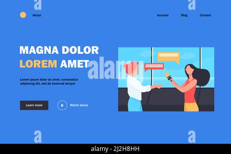 Celebrity interview. TV presenter interviewing famous guests sitting on ...