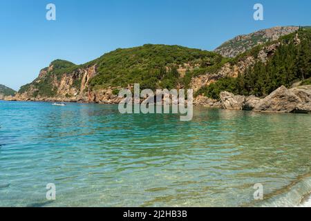 Beach of Liapades, bay of Paleokastritsa, Corfu, Ionian Islands, Greece ...