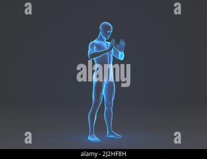 Technological human hologram of a male standing with hands holding his ...