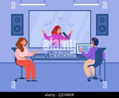 Recording studio cartoon landing page, singer woman with guitar sing in ...