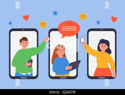 Happy people communicating via social network on mobile screens. Man ...
