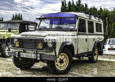 A closeup of a classic and old typical 4x4 off-road car, Land Rover and ...