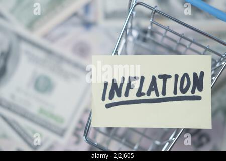 Shopping cart with inflation poster on a blurred background made of ...