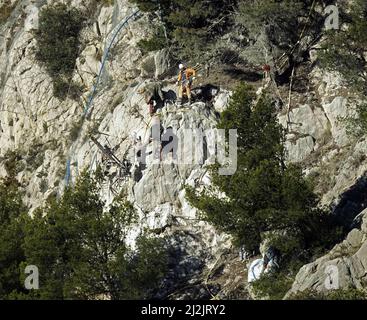 Installation of protective metal nets on the cliffs of Mont Faron in ...