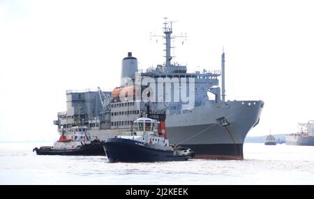 Ex RFA Fort Austin leaving Birkenhead docks onto Cammel lairds Stock ...