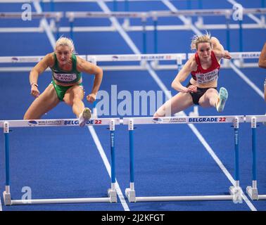 Sarah Lavin and Mathilde Heltbech competing in the women’s 60m hurdles ...