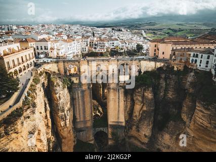 Aerial view of Puente Nuevo, the newest and largest of three bridges in Ronda, Spain Stock Photo ...