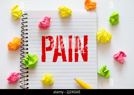 Erasing pain. Pain written on white paper with a pencil, erased with an ...