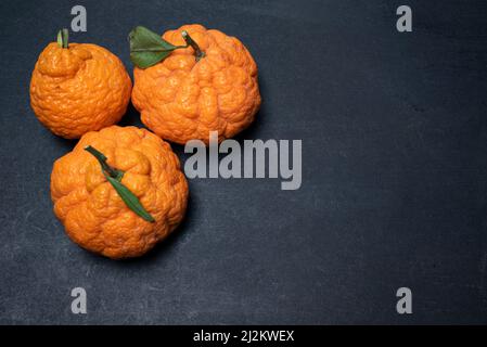 Three fresh tangerines on black background Stock Photo - Alamy