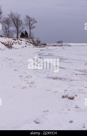 A vertical shot of the snow-covered Upper Peninsula, Michigan, USA ...