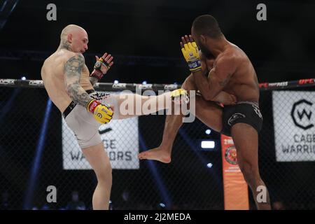 Aleksi Mantykivi kicks Jeanderson Castro during the Cage Warriors 136 ...