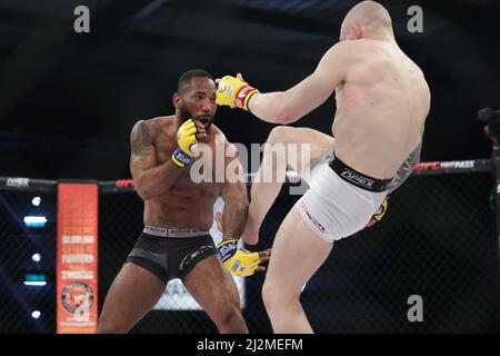 Aleksi Mantykivi kicks Jeanderson Castro during the Cage Warriors 136 ...