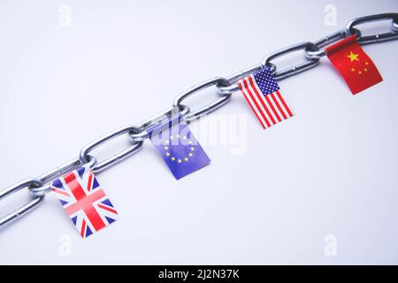 Country flags on a chain. Sanctioned countries. Closed countries Stock ...