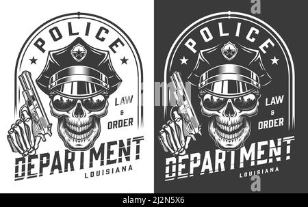 Vintage policeman emblem concept with skull in police hat and crossed ...