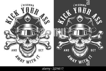 Vintage policeman emblem concept with skull in police hat and skeleton ...