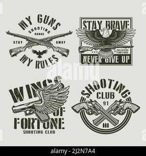 Vintage monochrome military labels with crossed bazookas handgun winged ...