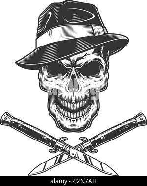Gangster skull with crossed knives in vintage monochrome style isolated ...