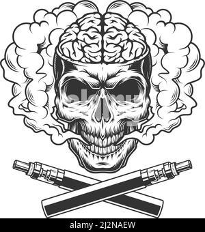 Vintage monochrome vaping concept with hipster skull in smoke cloud and ...