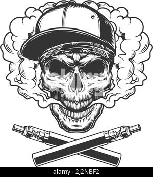 Vintage monochrome vaping concept with hipster skull in smoke cloud and ...