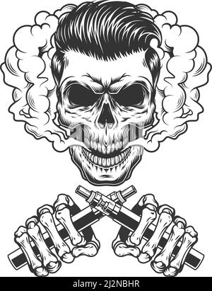 Vintage monochrome vaping concept of skull with human brain in smoke ...