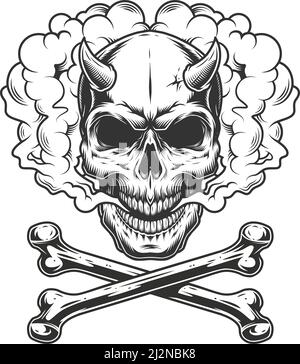 Vintage monochrome vaping concept of skull with human brain in smoke ...