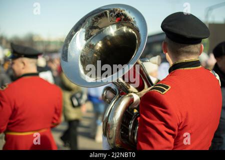 Trumpeter in Russia. Military band. Musical instrument. Guy blows pipe ...