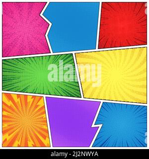 Comic book colorful radial lines collection. Cartoon comics background ...
