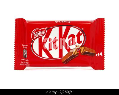Wrapped Nestle Kit Kat milk chocolate bar on white background, cutout ...