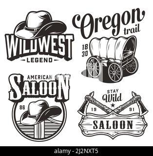Vintage wild west emblems with cowboy head in hat and scarf horseshoe ...