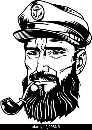 Vintage bearded sailor smoking pipe, marine logo with sea captain in ...