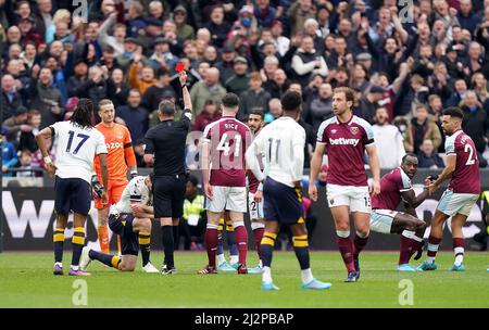 Michael Keane of Everton is shown a red card, sent off by Referee, Tom ...