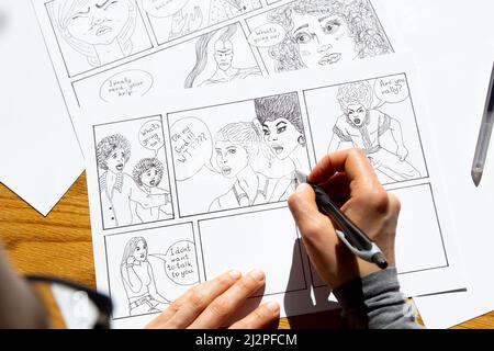 The artist draws frames of comic book characters. An animator designer ...
