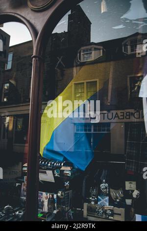 Kilt shop in the City of Perth, Scotland displays Ukrainian Flags and a ...