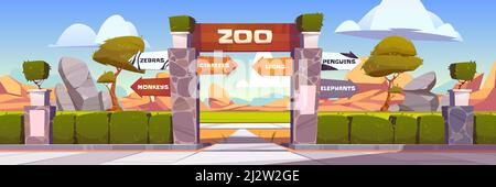 Zoo gates with pointers to wild animal cages monkeys, crocodiles ...