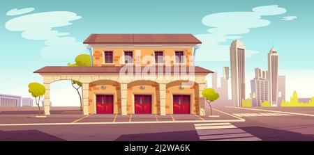 Fire station garage with truck cartoon background illustration ...