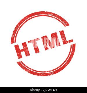 HTML text written on red grungy zig zag borders round stamp Stock Photo ...
