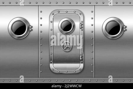 Futuristic spaceship wall with open and closed metal gates. Vector ...