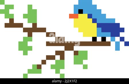 Pixel 8 bit bird on tree. Animal game assets in vector illustration ...