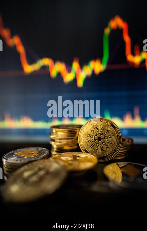 Gold IOTA (MIOTA) with candle stick graph chart and digital background ...
