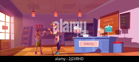Bakery and candy shop interior with cashier behind bar counter. Vector ...