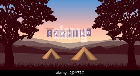 summer camp tents between trees on meadow with mountain view Stock ...
