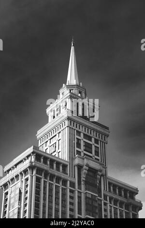 A grayscale of the Triumph Palace tower in Moscow, Russia Stock Photo ...