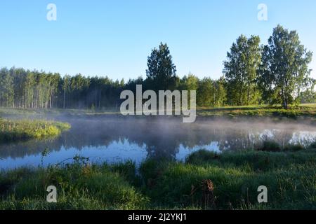 A beautiful lakeside with a thin layer of mist Stock Photo - Alamy