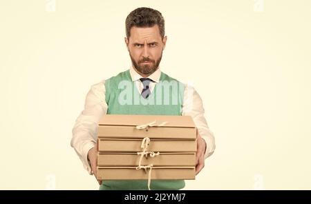 mature businessman hold folder heap with documents looking at ...